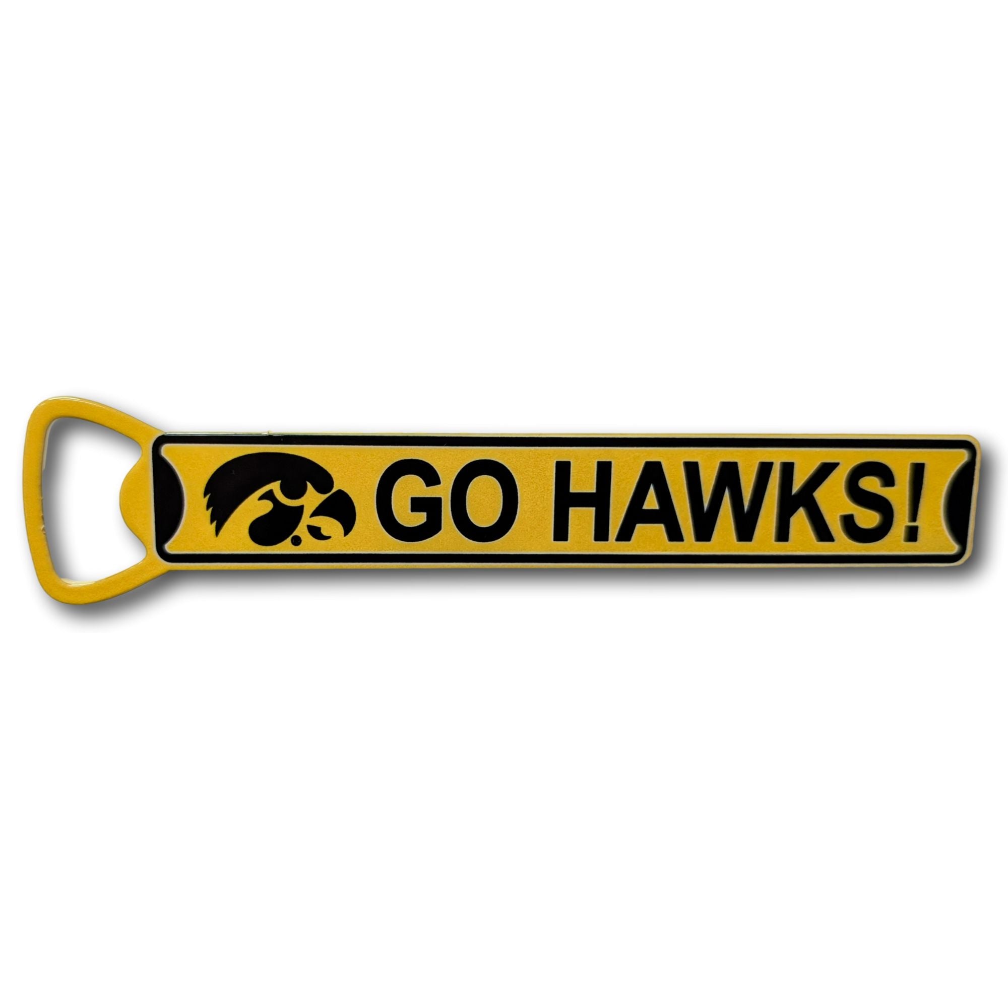 Iowa Hawkeyes - GO HAWKS - Steel Bottle Opener – authenticstreetsigns